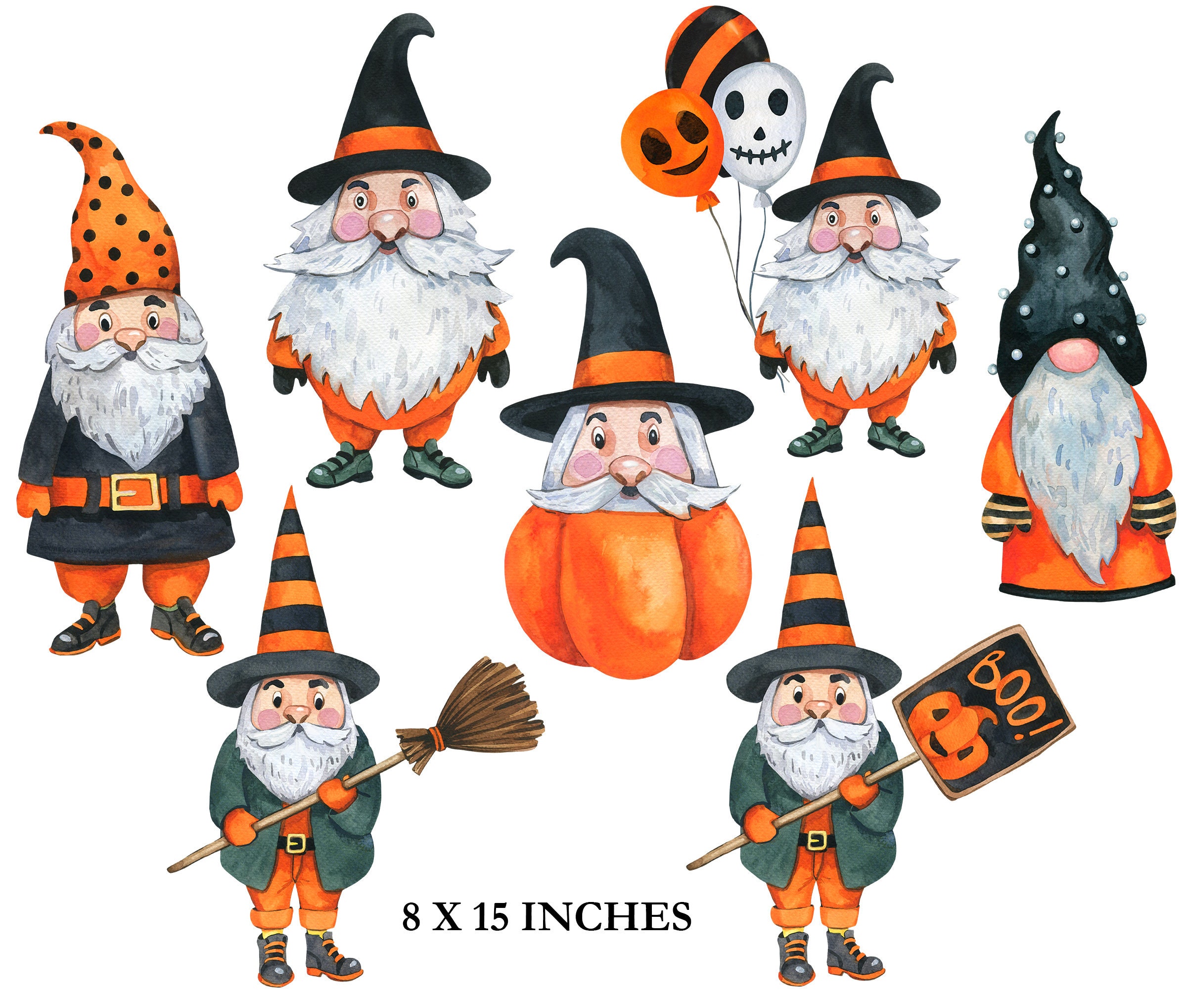 Watercolor Halloween Gnomes Clipart: Halloween Pumpkins, Cat, Balloons ...
