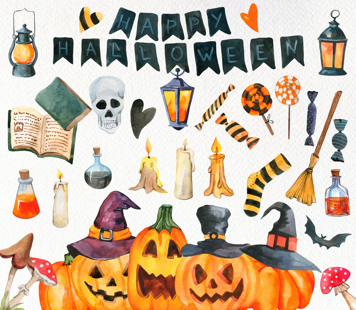 Watercolor Halloween Clipart Pumpkin Clipart PNG Trick or | Etsy