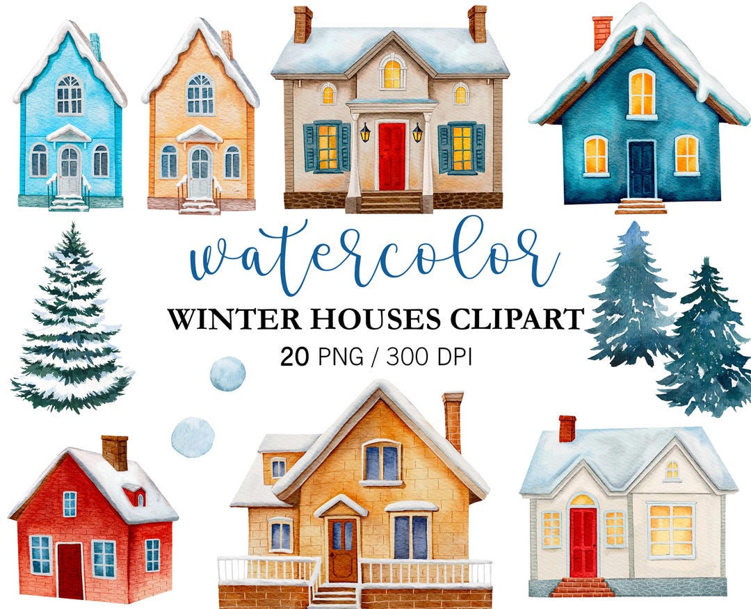 Watercolor Winter Houses Clipart: Christmas Cottage PNG Digital ...