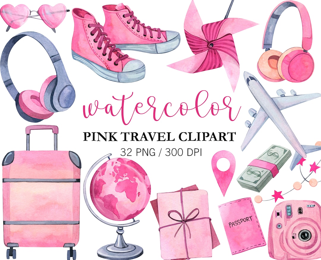 Watercolor Pink Travel Clipart: Summer Vacation PNG (digital Download ...