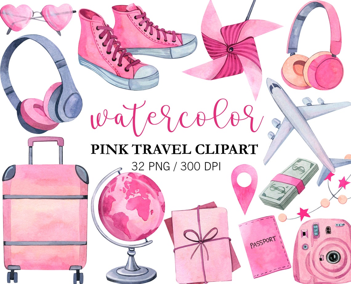 Watercolor Pink Travel Clipart: Summer Vacation PNG (digital Download ...