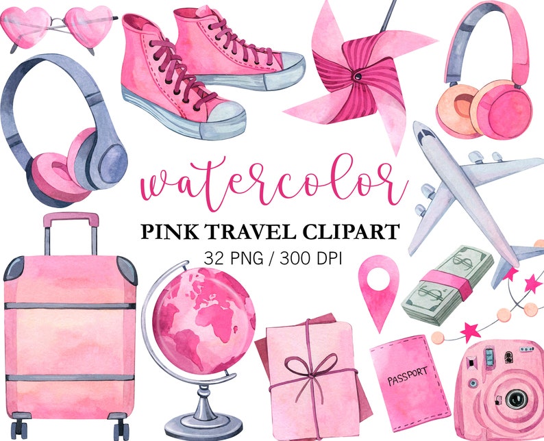 Watercolor Pink Travel Clipart Summer Holiday Vacation - Etsy
