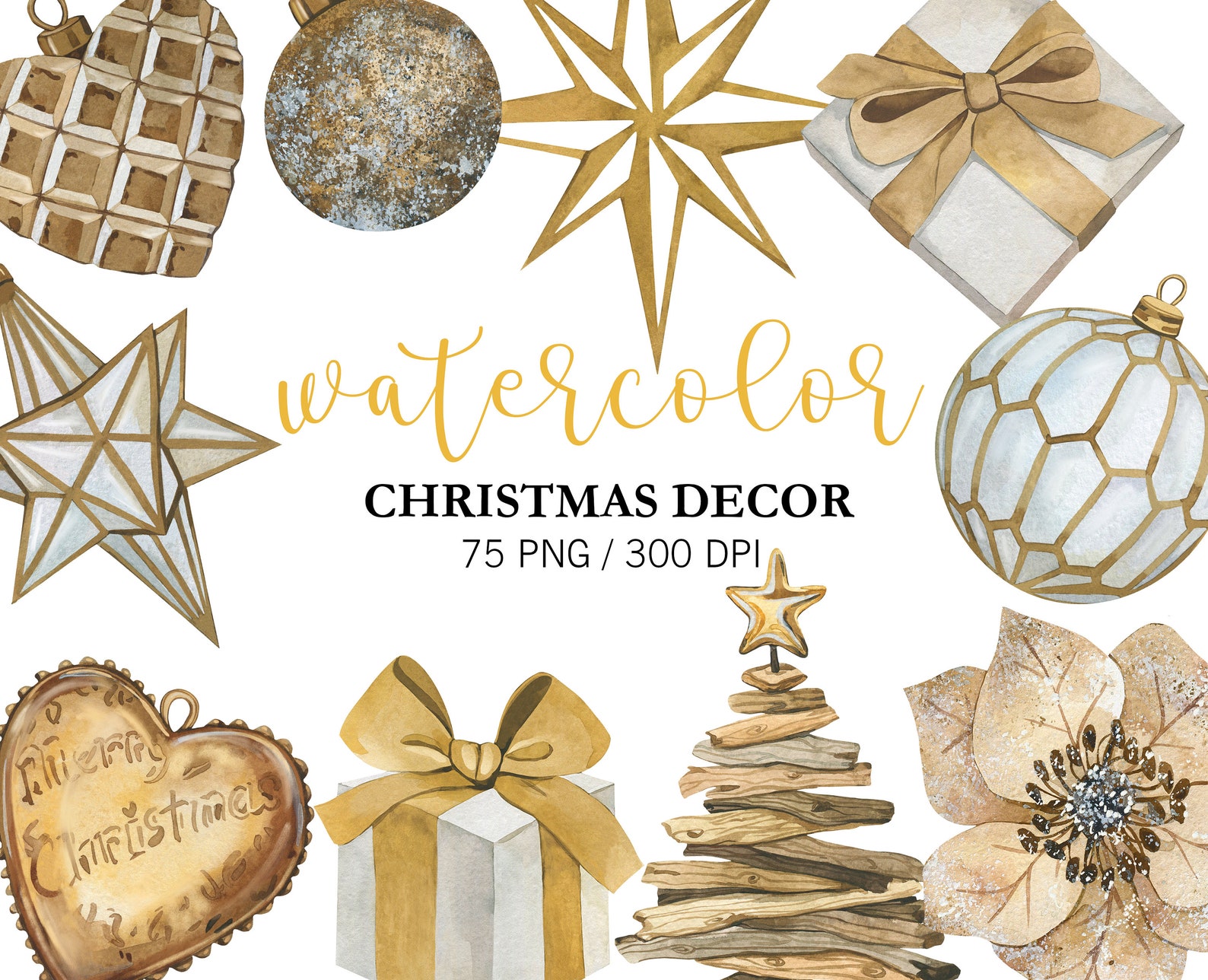 Watercolor Gold Christmas Clipart Christmas Decor PNG Gold - Etsy