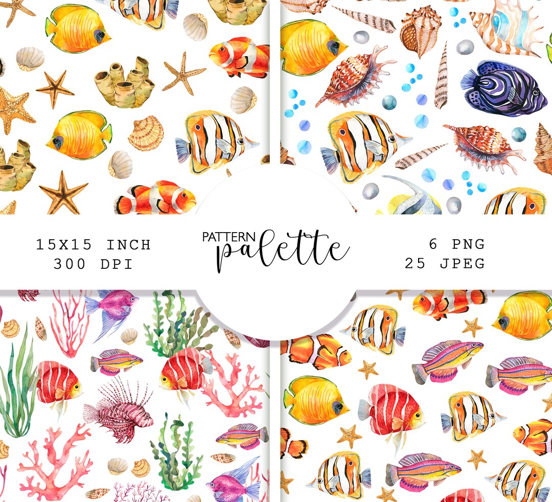 Watercolor Coral Fish Seamless Patterns, Digital Papers Ocean ...