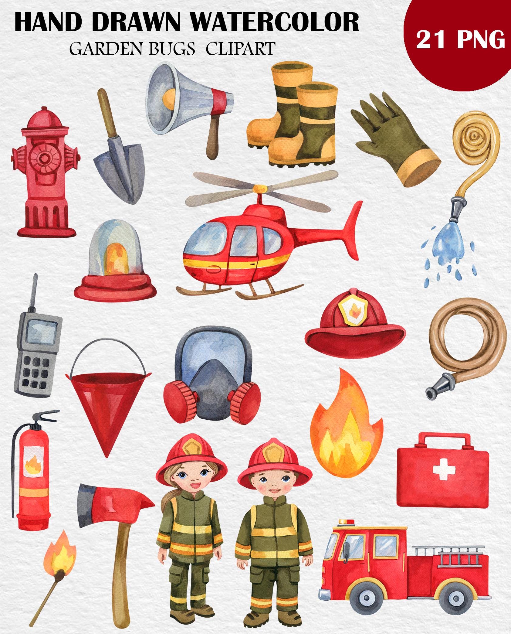 Watercolor Firefighter Clipart Set: Fire Truck, Station, and More (PNG ...