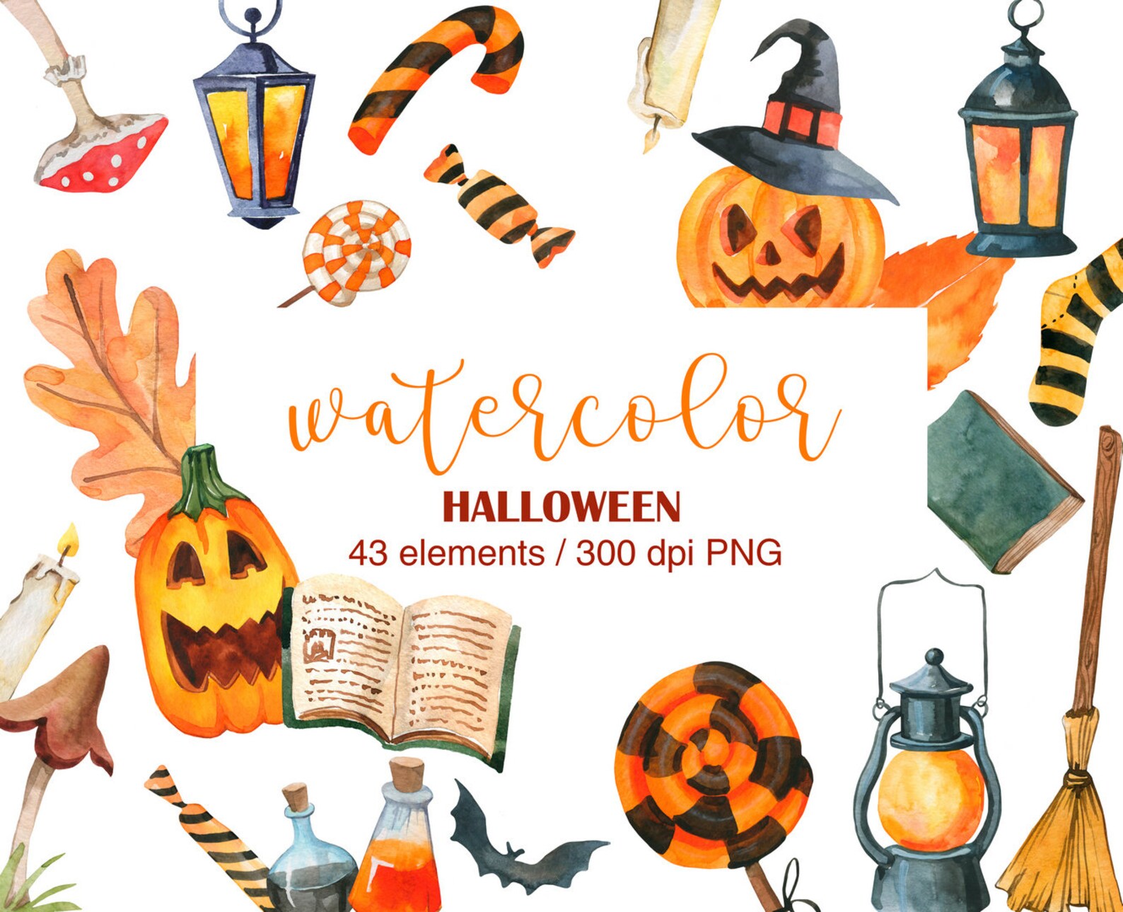 Watercolor Halloween Clipart Pumpkin Clipart PNG Trick or | Etsy