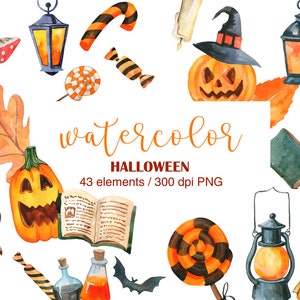 Watercolor Halloween Clipart, Pumpkin Clipart, PNG, Trick or Treating ...