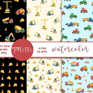 Watercolor Construction Truck Seamless Patterns Construction Digital ...