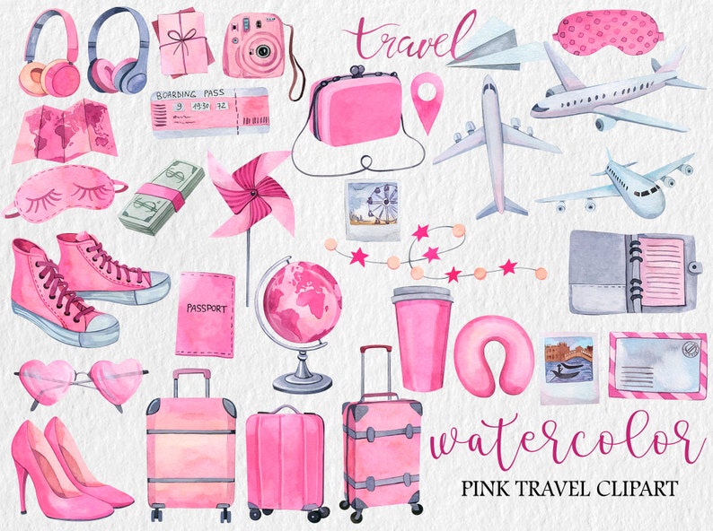 Watercolor Pink Travel Clipart Summer Holiday Vacation - Etsy