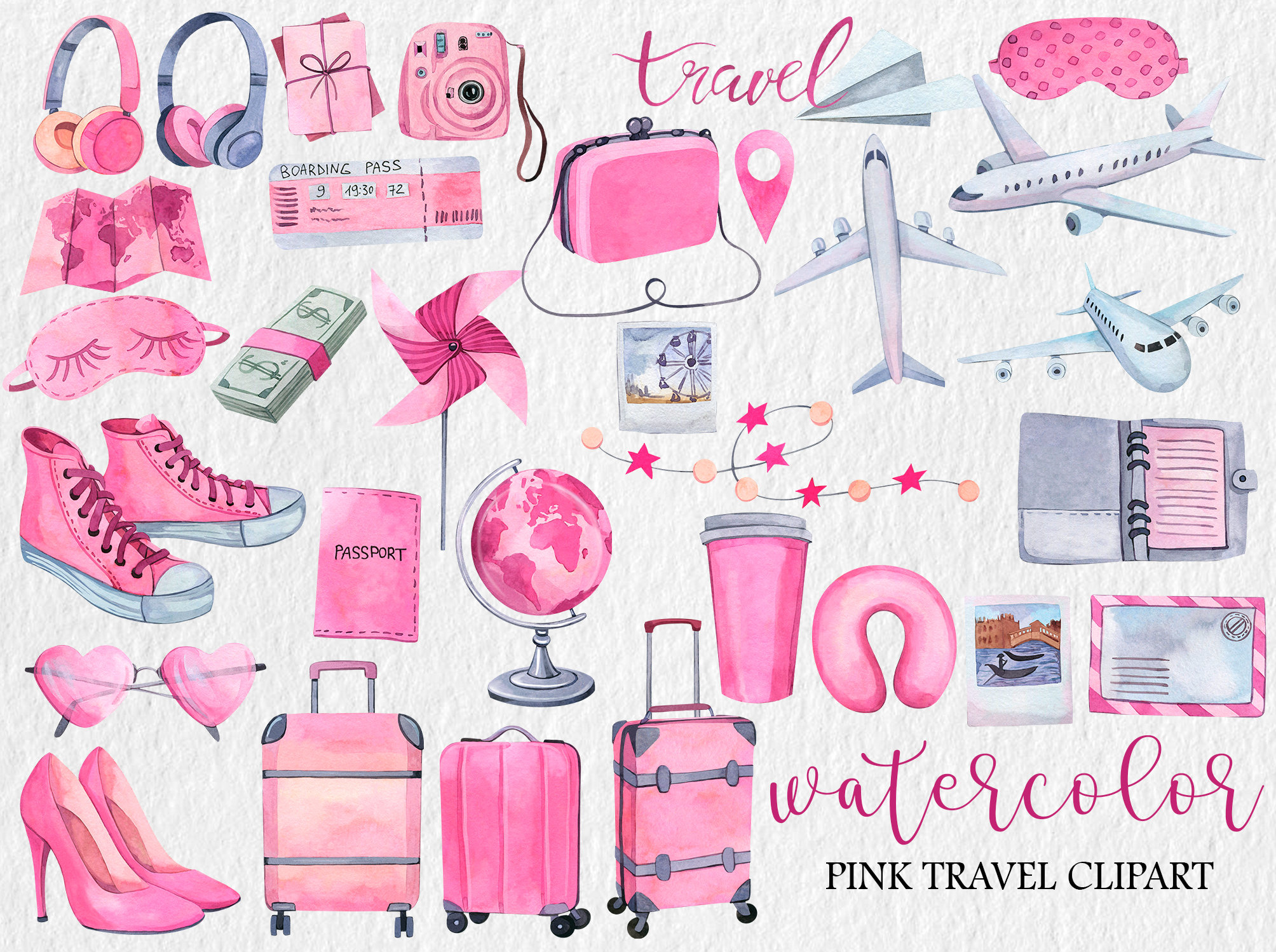 Watercolor Pink Travel Clipart: Summer Vacation PNG (digital Download ...