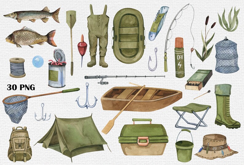 Watercolor Fishing Clipart, Fathers Day Clipart, PNG, Summer Clipart ...