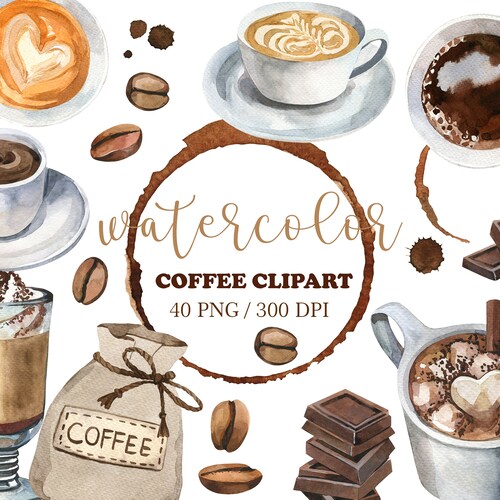 Watercolor Coffee Clipart Coffee Bean Clipart Cafe - Etsy