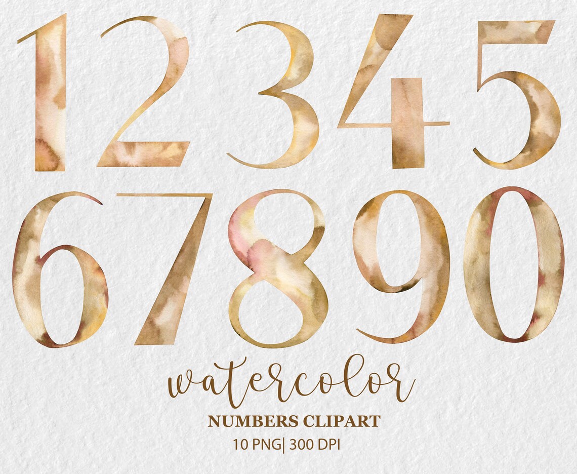 Watercolor Hand Painted Numbers Clipart Beige Numbers - Etsy