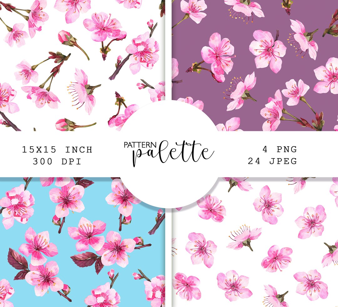 Watercolor Sakura Pattern, Cherry Blossom Digital Paper, PNG, Sakura ...
