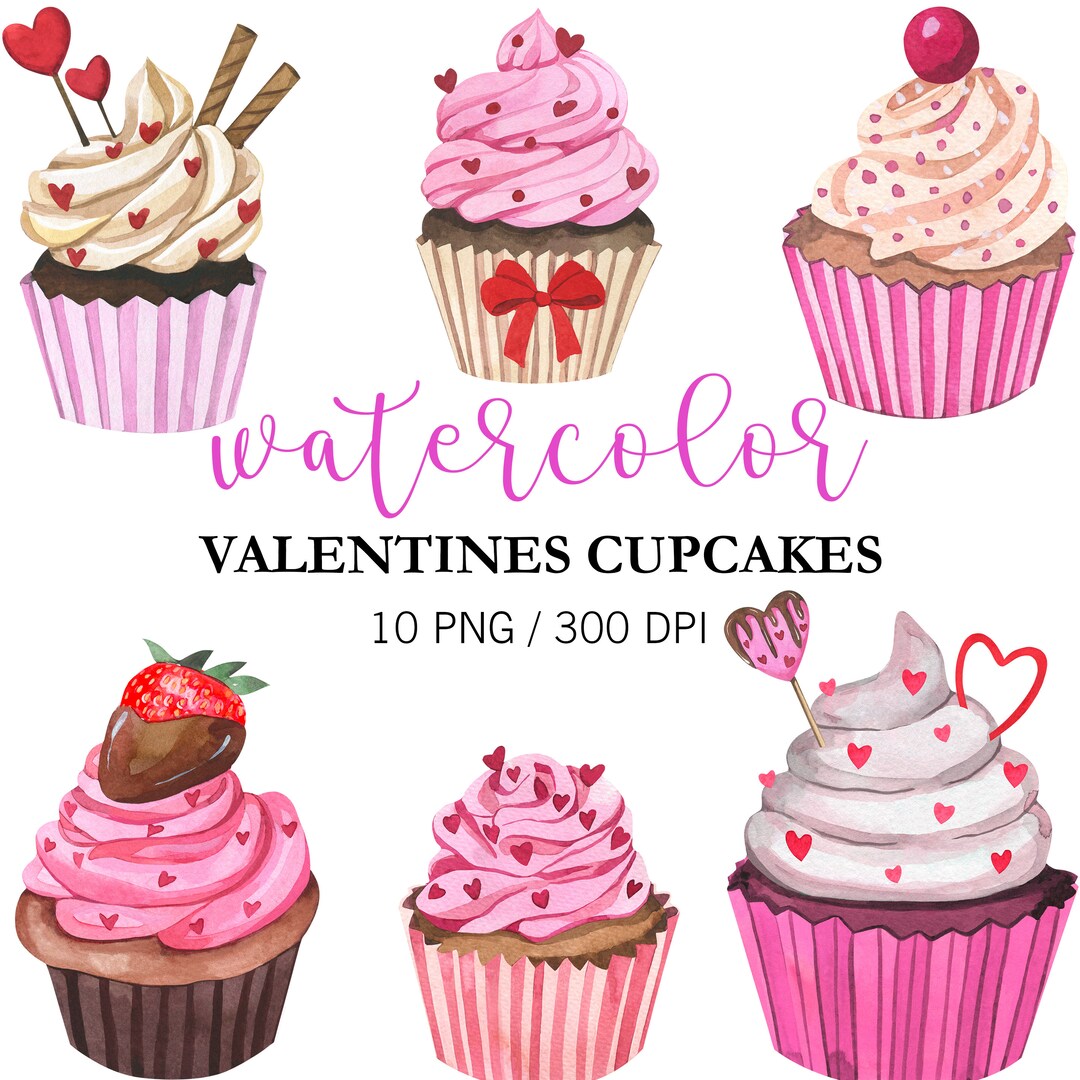 Watercolor Valentines Day Cupcakes Clipart, Valentines PNG, Valentines ...
