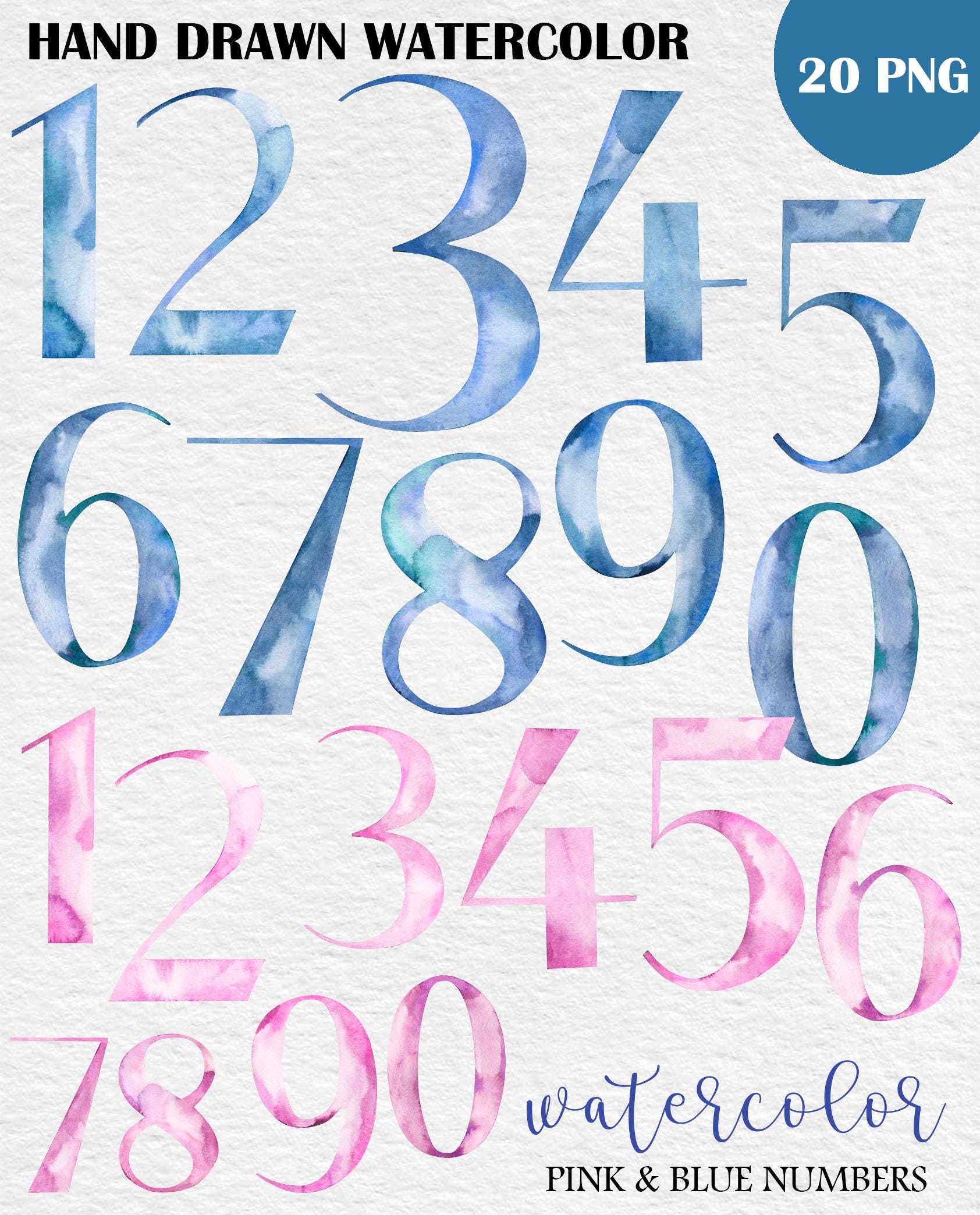 Watercolor Pink & Blue Numbers PNG, Pink and Blue Watercolor Separate ...