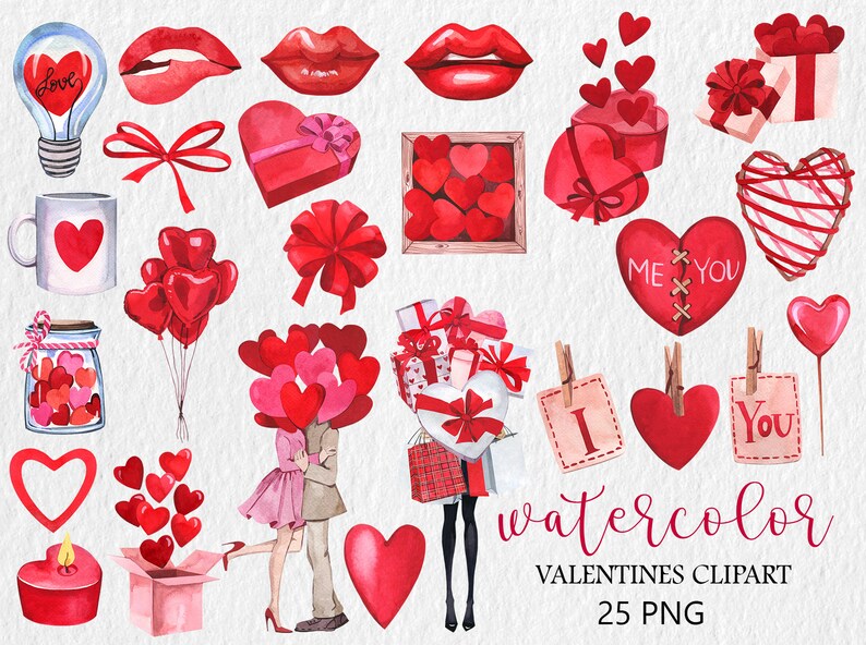 Watercolor Valentines Day Clipart Love PNG Valentine PNG | Etsy