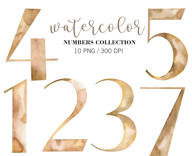 Watercolor Hand Painted Numbers Clipart Beige Numbers - Etsy