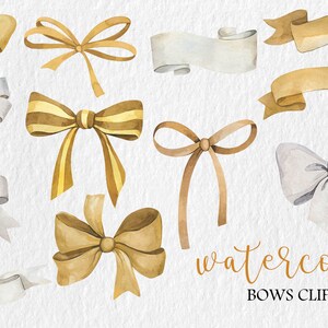 Watercolor Gold & White Bows Clipart: Handpainted Ribbon PNG Digital ...