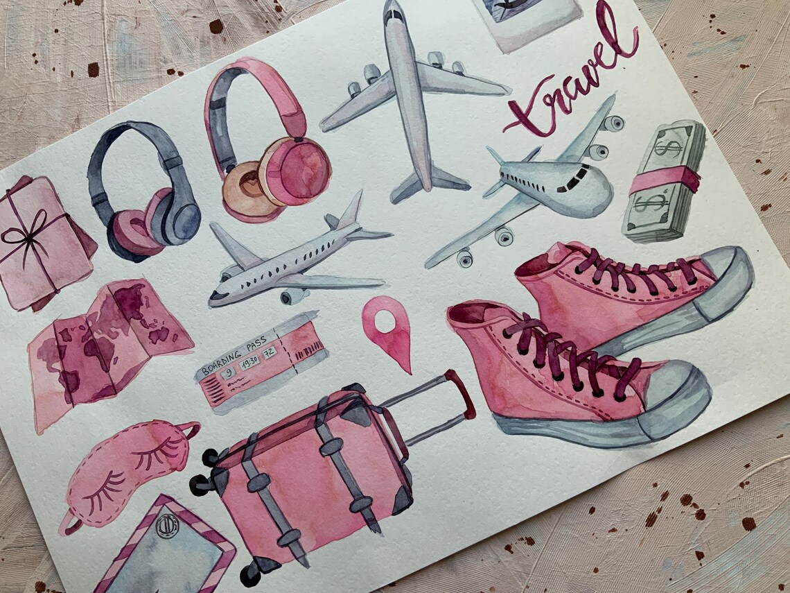 Watercolor Pink Travel Clipart: Summer Vacation PNG (digital Download ...