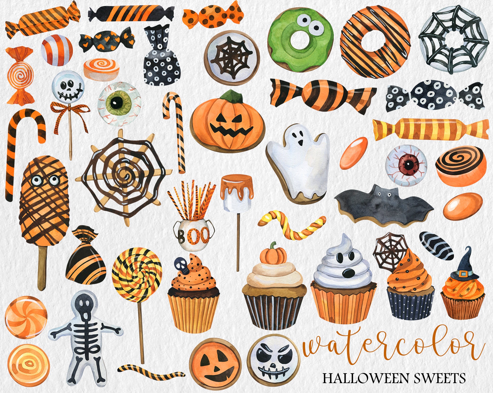 Watercolor Halloween Sweets Clipart Halloween PNG Fall - Etsy