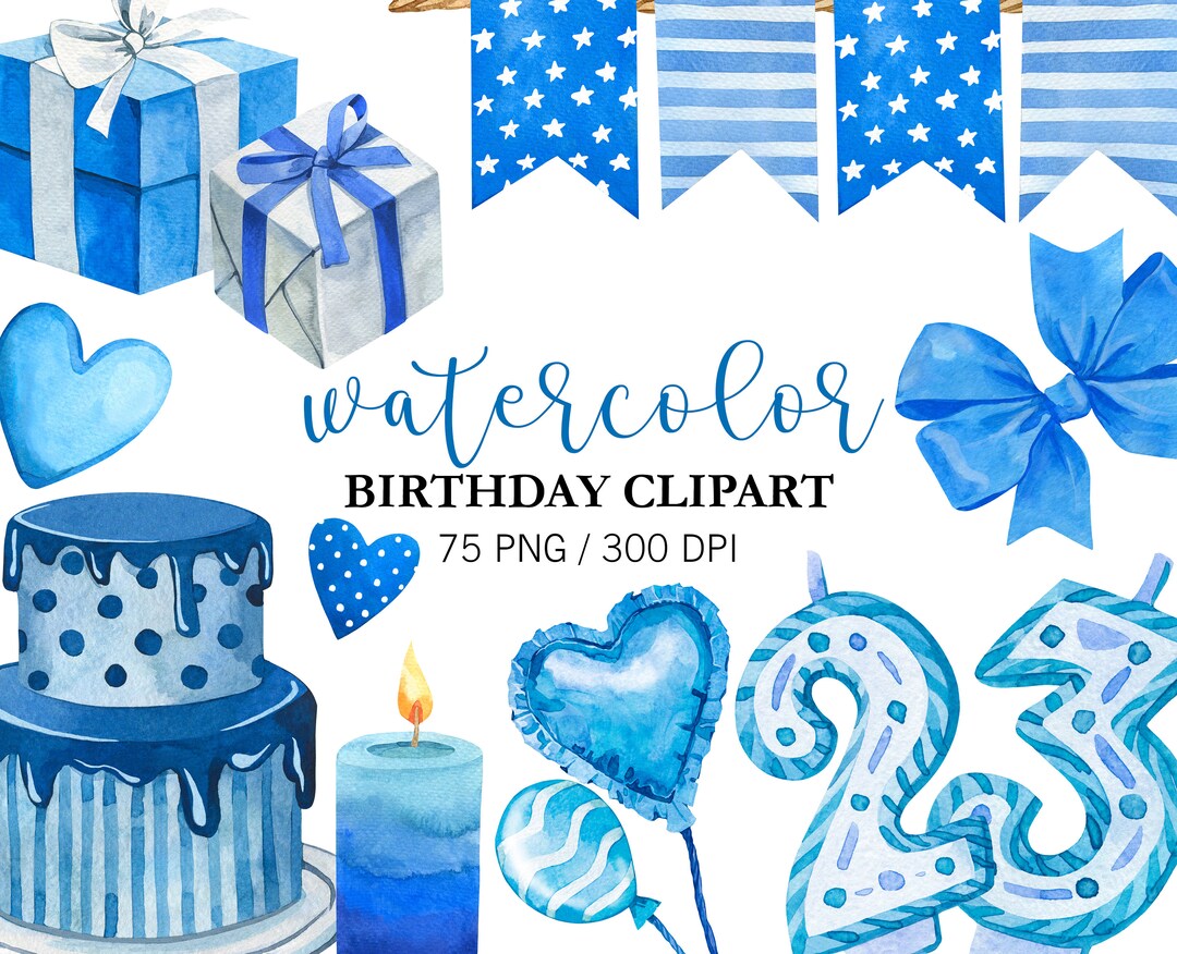 Watercolor Birthday Party Clipart, BIG SET, Birthday Blue Decor ...
