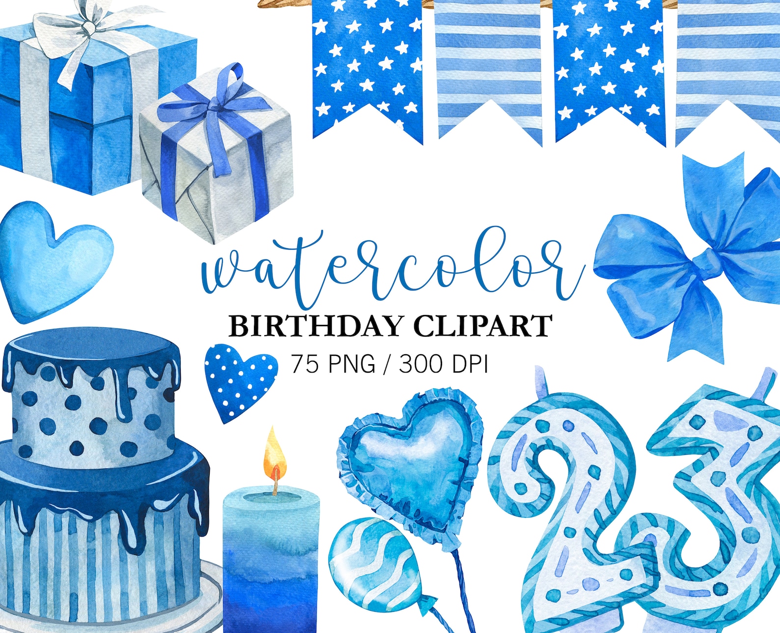 Watercolor Birthday Party Clipart BIG SET Birthday Blue - Etsy