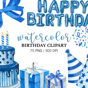 Watercolor Birthday Party Clipart, BIG SET, Birthday Blue Decor ...
