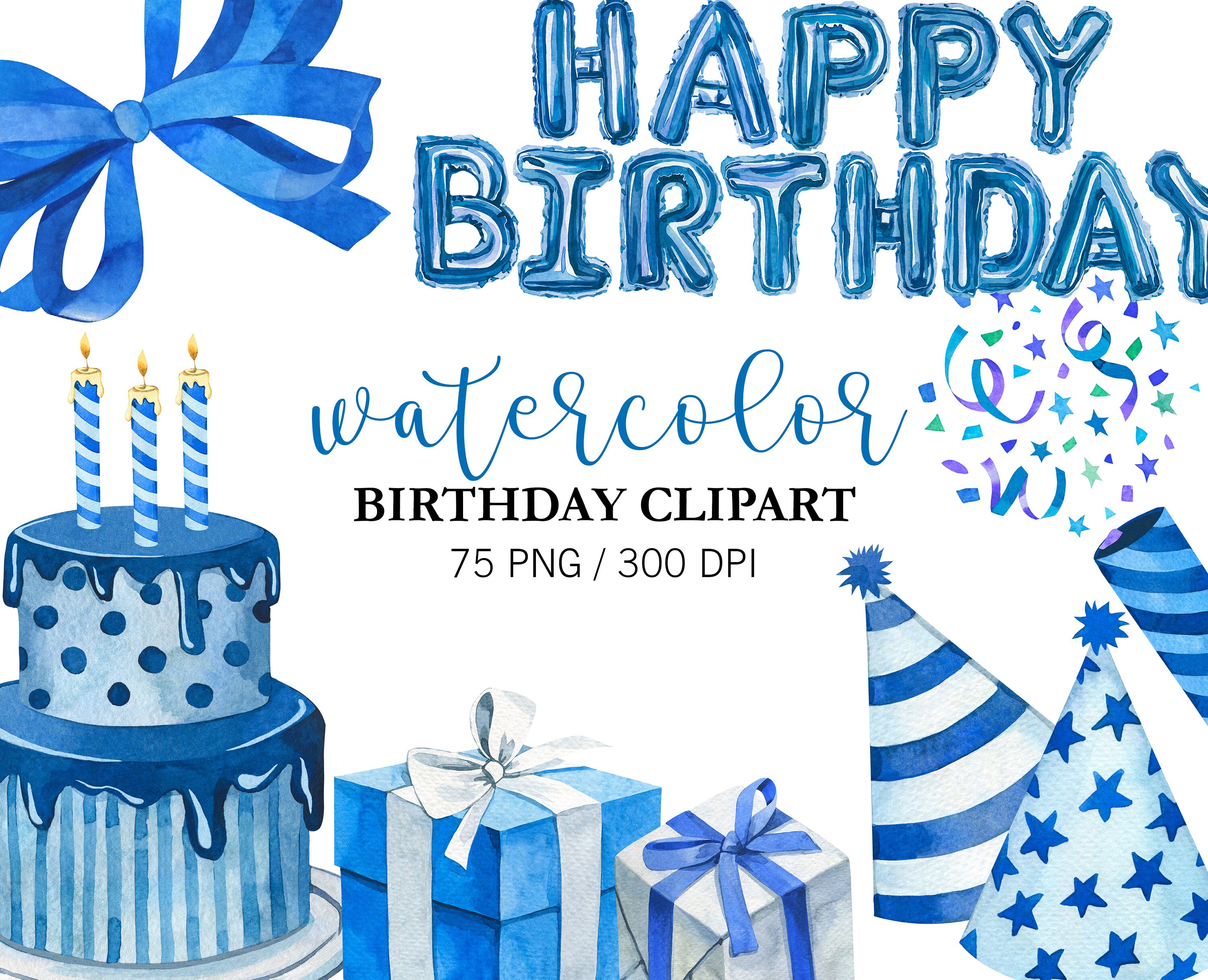 Watercolor Birthday Party Clipart BIG SET Birthday Blue - Etsy