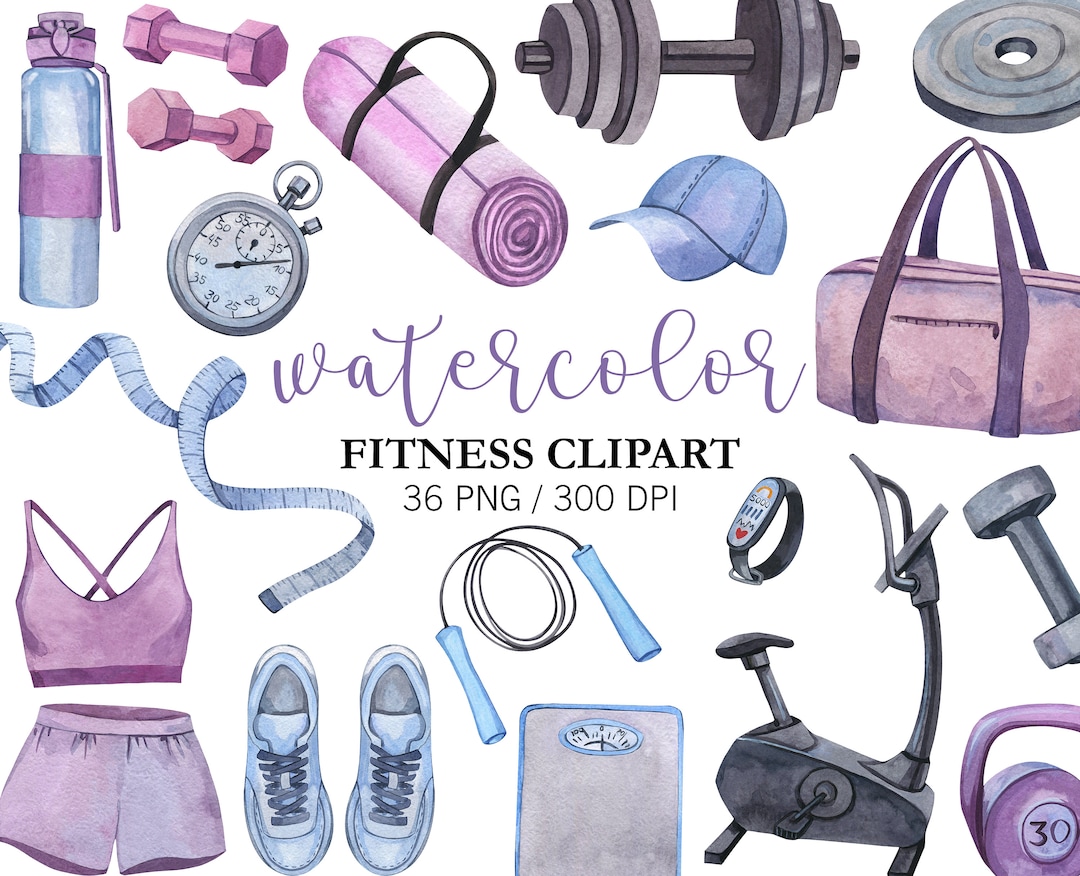 Watercolor Fitness Clipart: Gym Equipment PNG Fitness Stickers Digital ...