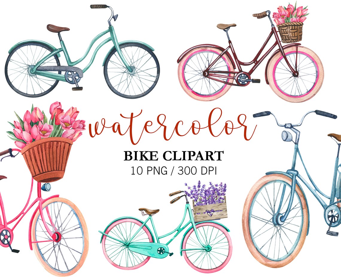 Watercolor Bike Clipart Travel Clipart Transport Clipart - Etsy