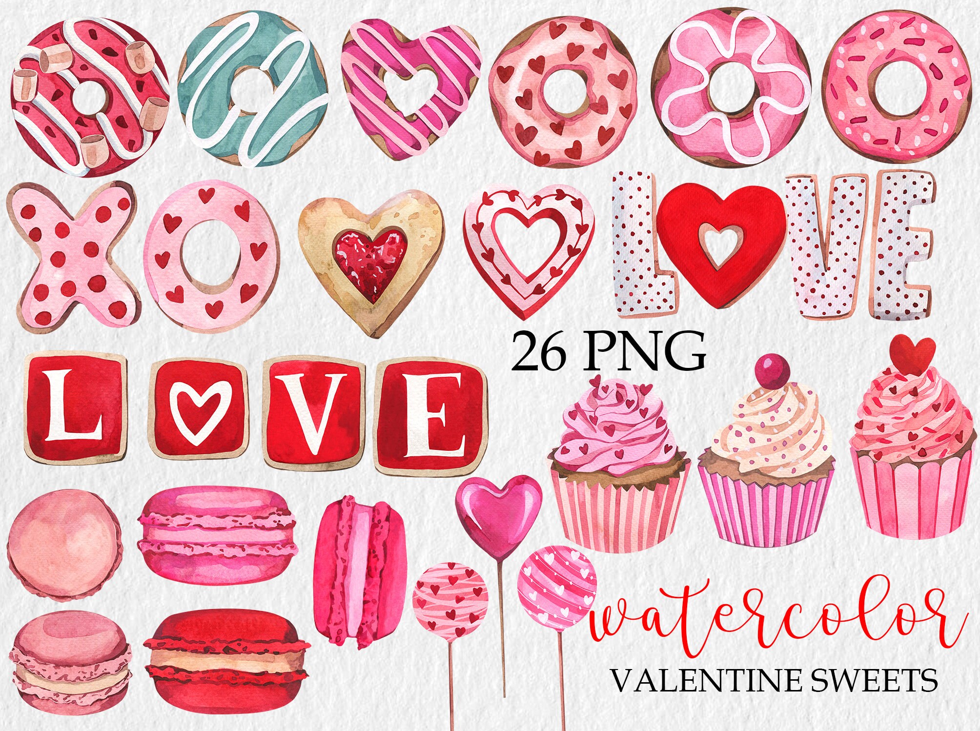 Watercolor Valentines Day Sweets Clipart Valentine Donut - Etsy