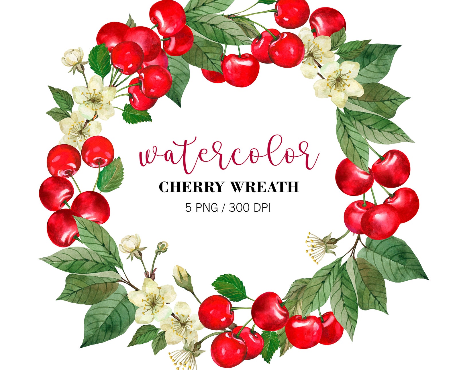 Watercolor Cherry Wreath PNG, Hand Painted Cherries, Cherry Clipart ...