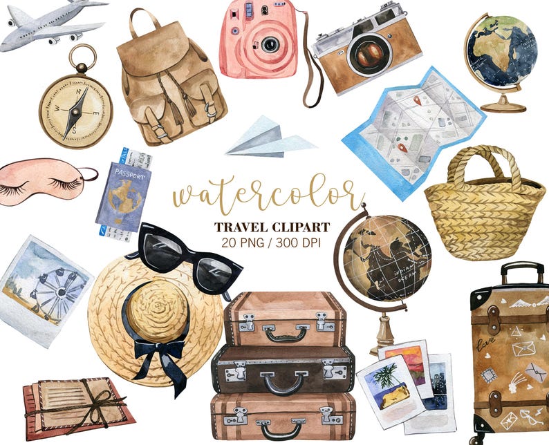 Watercolor Travel Clipart, Summer Holiday, Vacation Clipart, Tourism ...