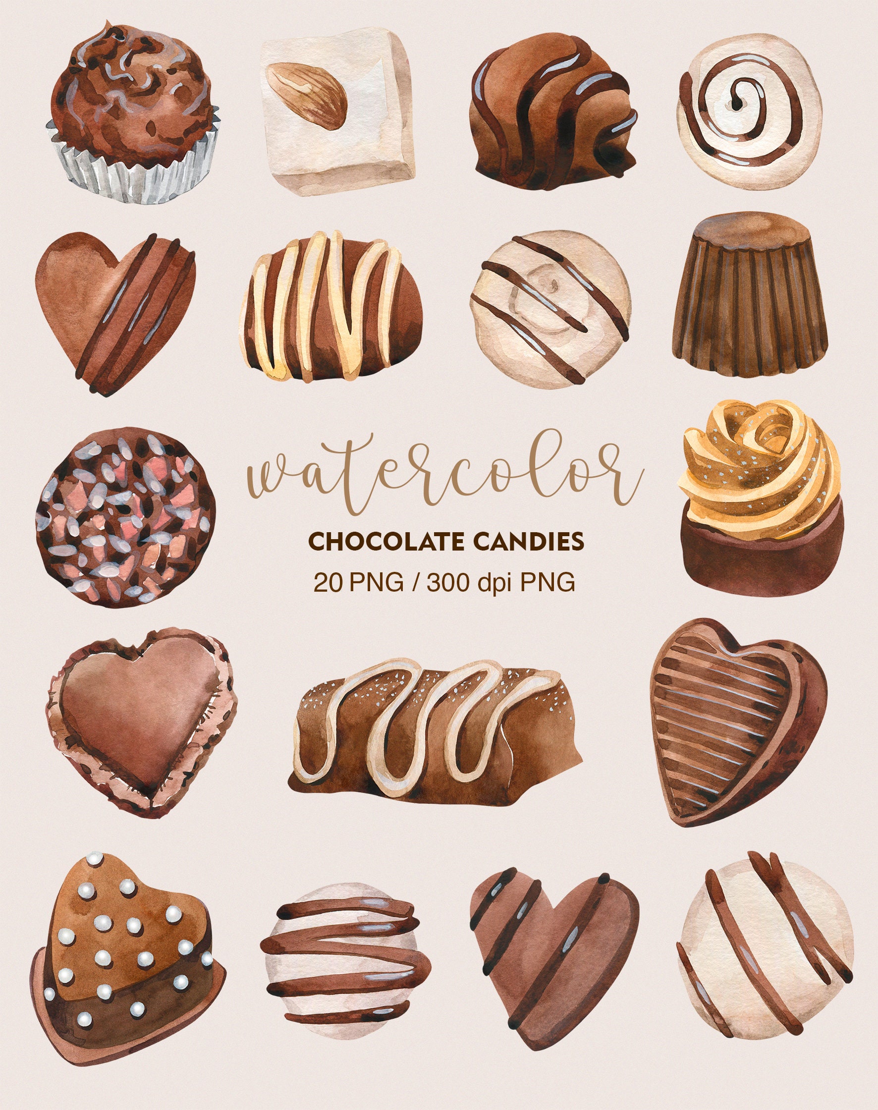 Watercolor Chocolate Candy Clipart, Watercolor Dessert Clipart, PNG ...