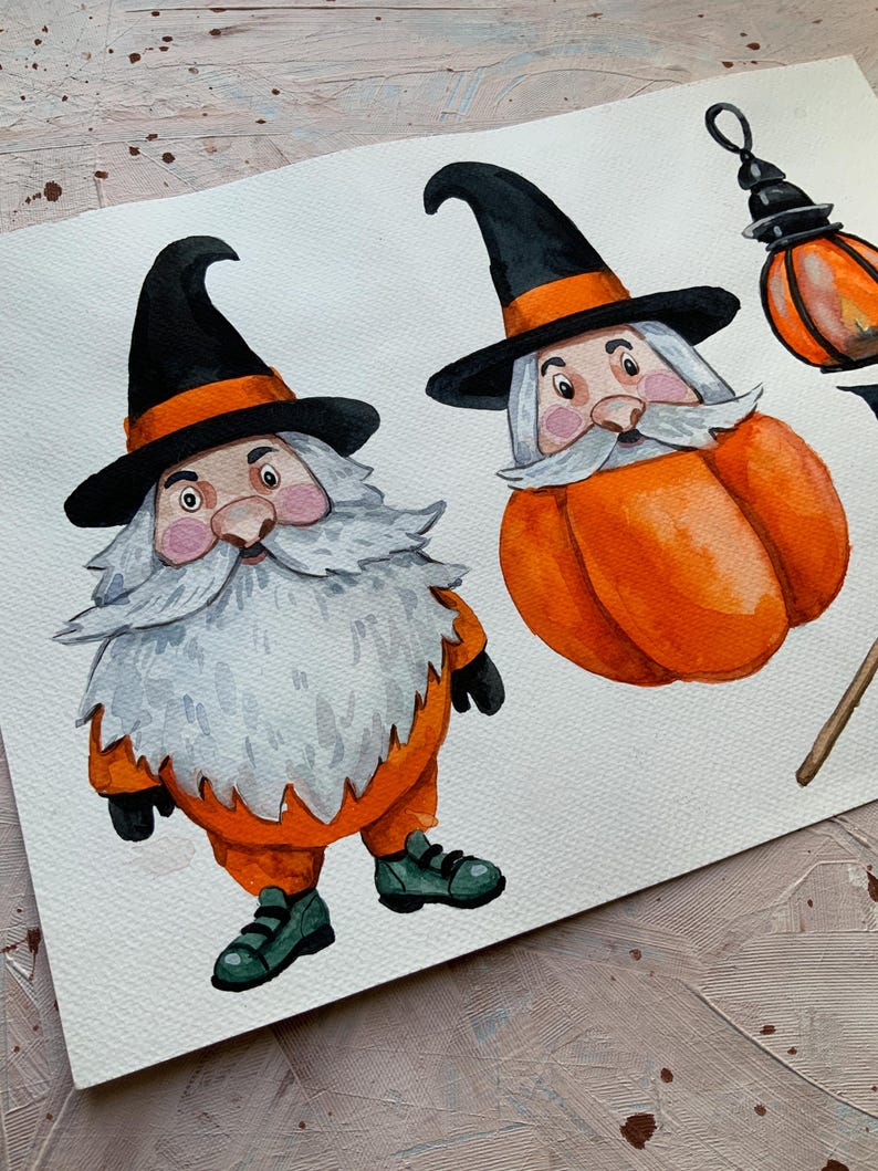 Watercolor Halloween Gnomes Clipart: Halloween Pumpkins, Cat, Balloons ...