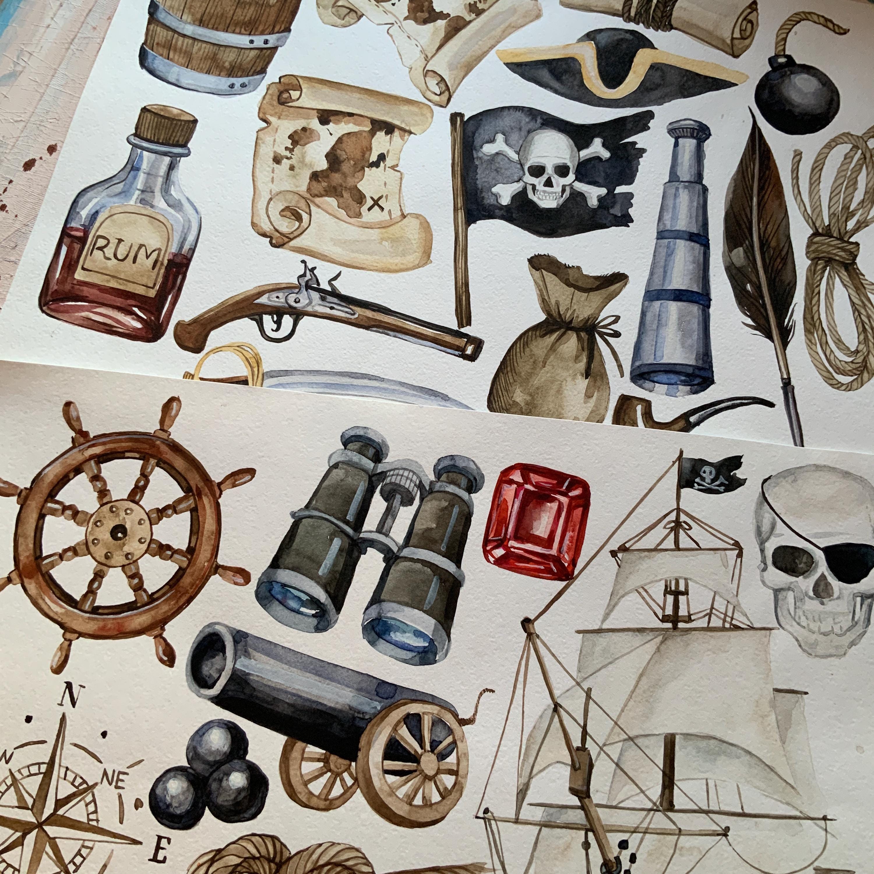 Watercolor Pirates Clipart, Pirate Ship, Treasure Chest, Pirate Party ...