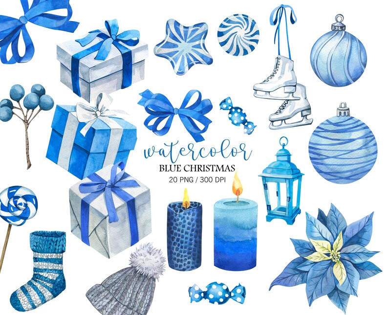 Watercolor Blue Christmas Clipart, Christmas Decor PNG, Merry Christmas ...