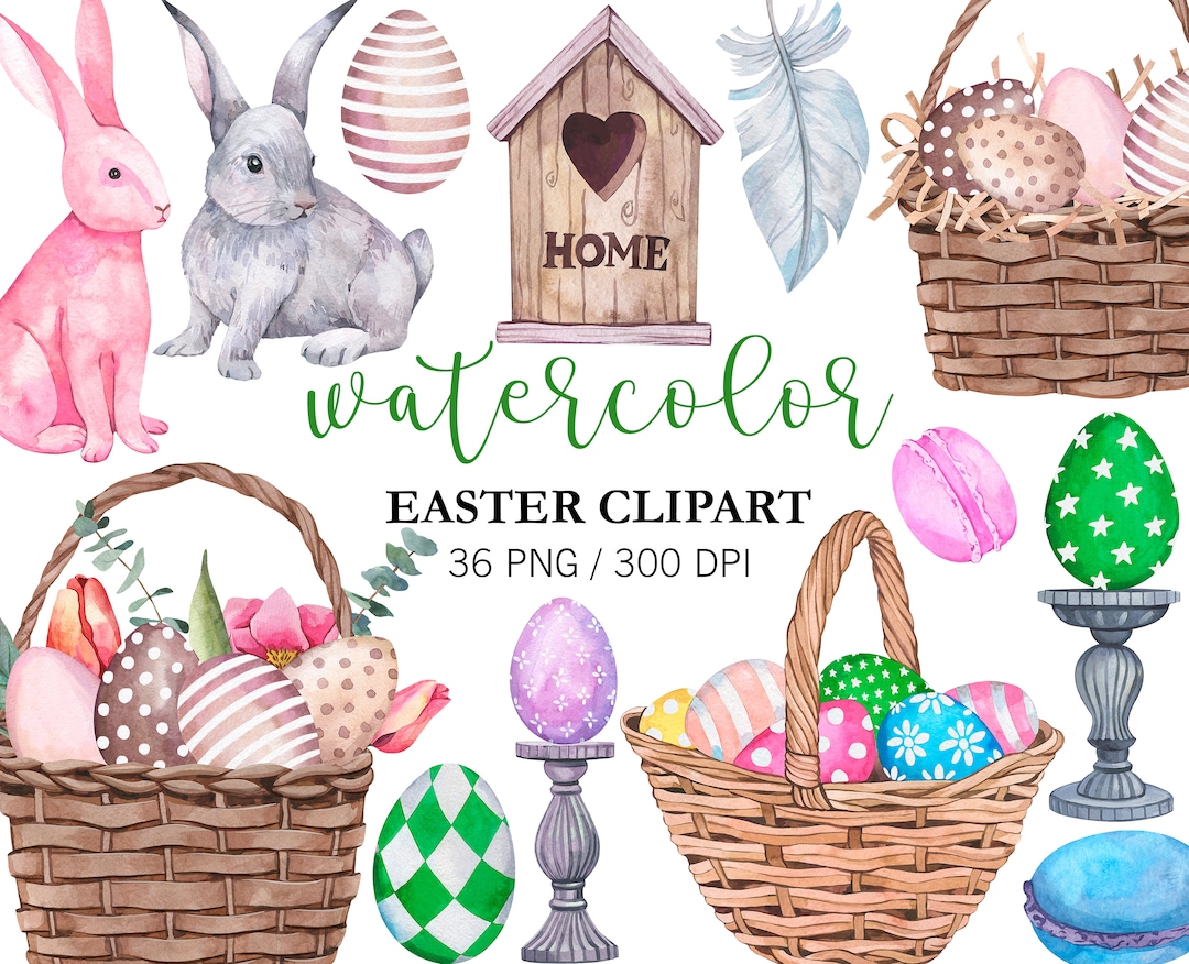 Watercolor Easter Clipart: Bunny, Eggs, Baskets PNG Digital Download - Etsy