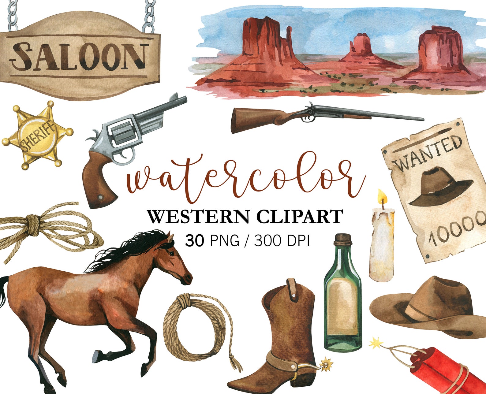 Watercolor Western Clipart Wild West Clipart Cowboy Clipart - Etsy