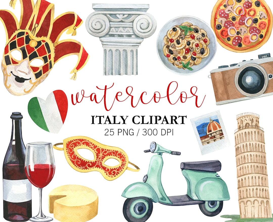 Watercolor Italy Clipart, Travel Clipart, Love PNG, Rome, Pizza, Venice ...