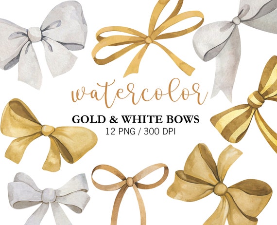 Watercolor Gold White Bows Clipart Handpainted Ribbon Bows. PNG. Silk Bow Romantic Ribbons. Gift Decor. Watercolor Ribbon Gift Bows Etsy Canada