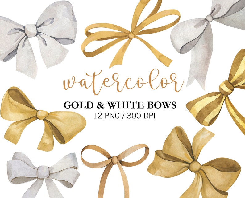 Watercolor Gold & White Bows Clipart Handpainted Ribbon Bows. - Etsy