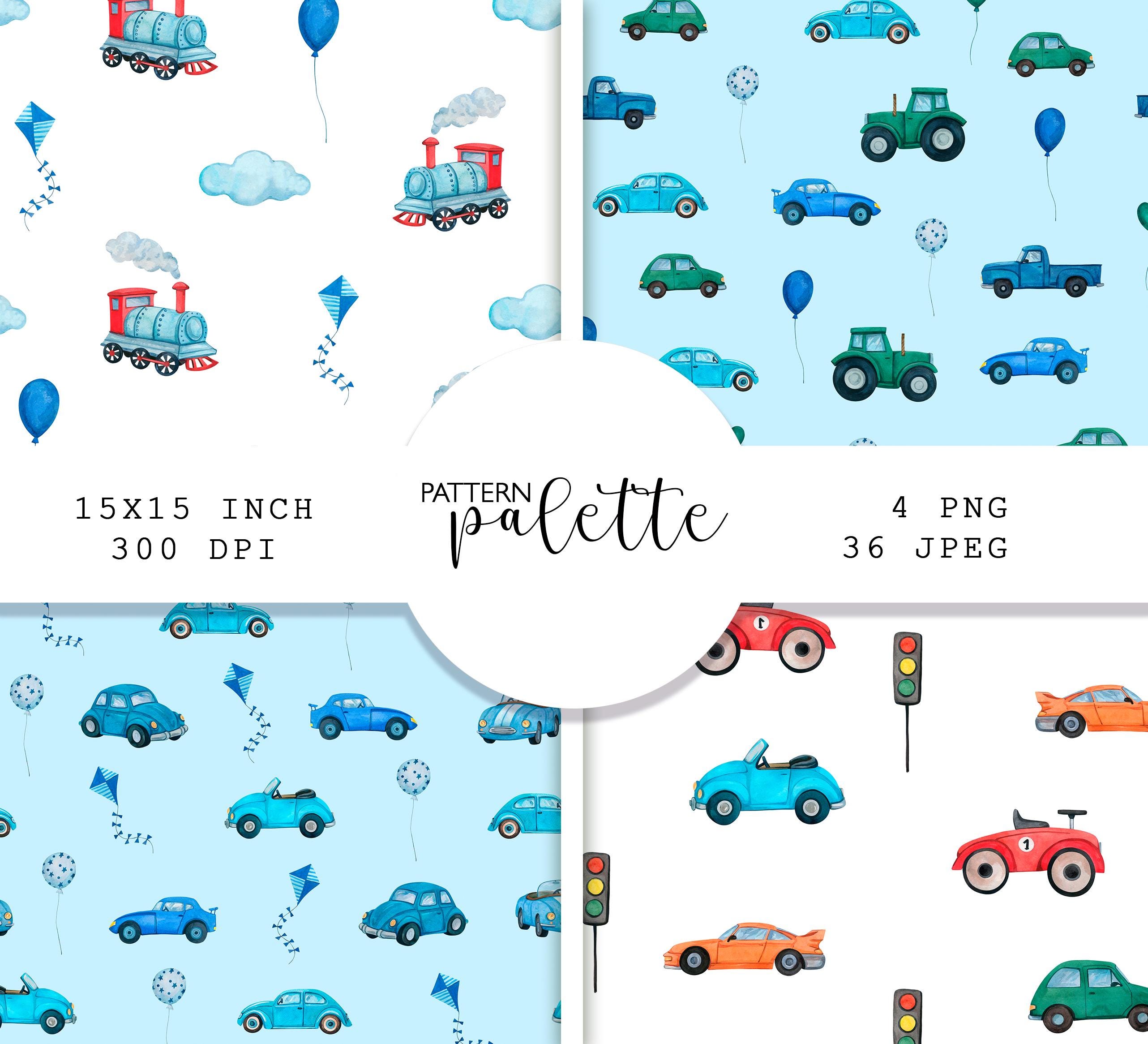 Watercolor Blue Cars Seamless Patterns, Printable Baby Boy Blue Cars ...