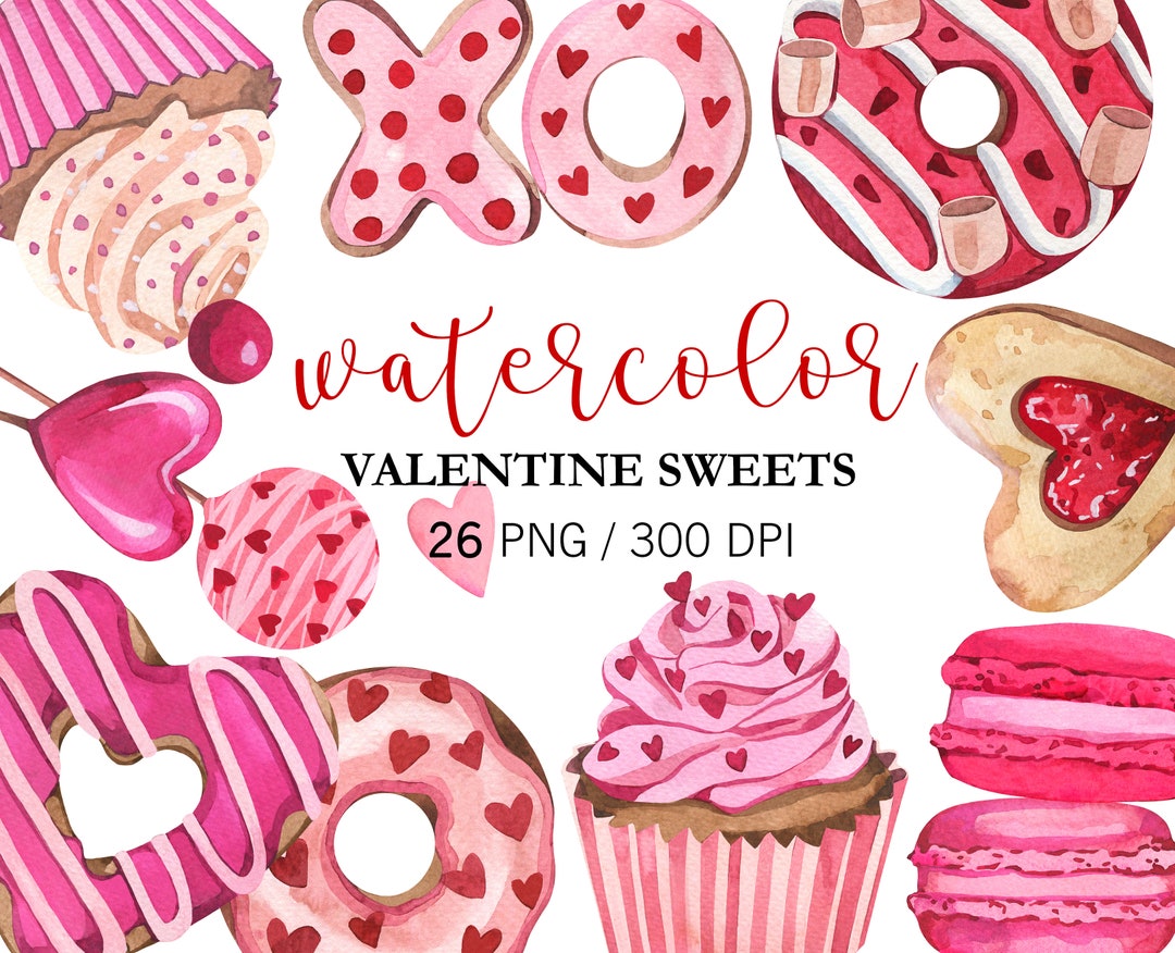 Watercolor Valentines Day Sweets Clipart, Valentine Donut Clipart ...