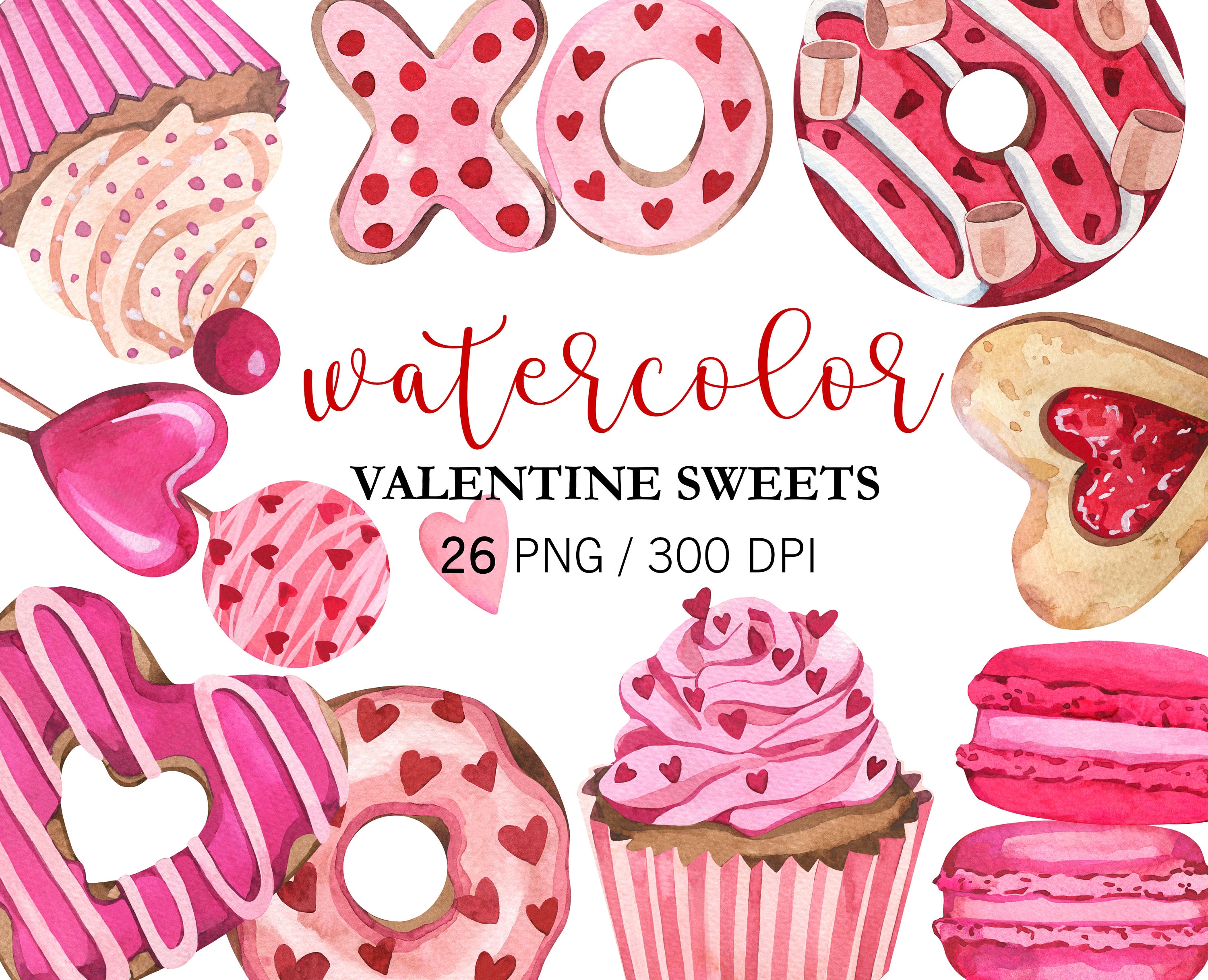 Watercolor Valentines Day Sweets Clipart Valentine Donut - Etsy
