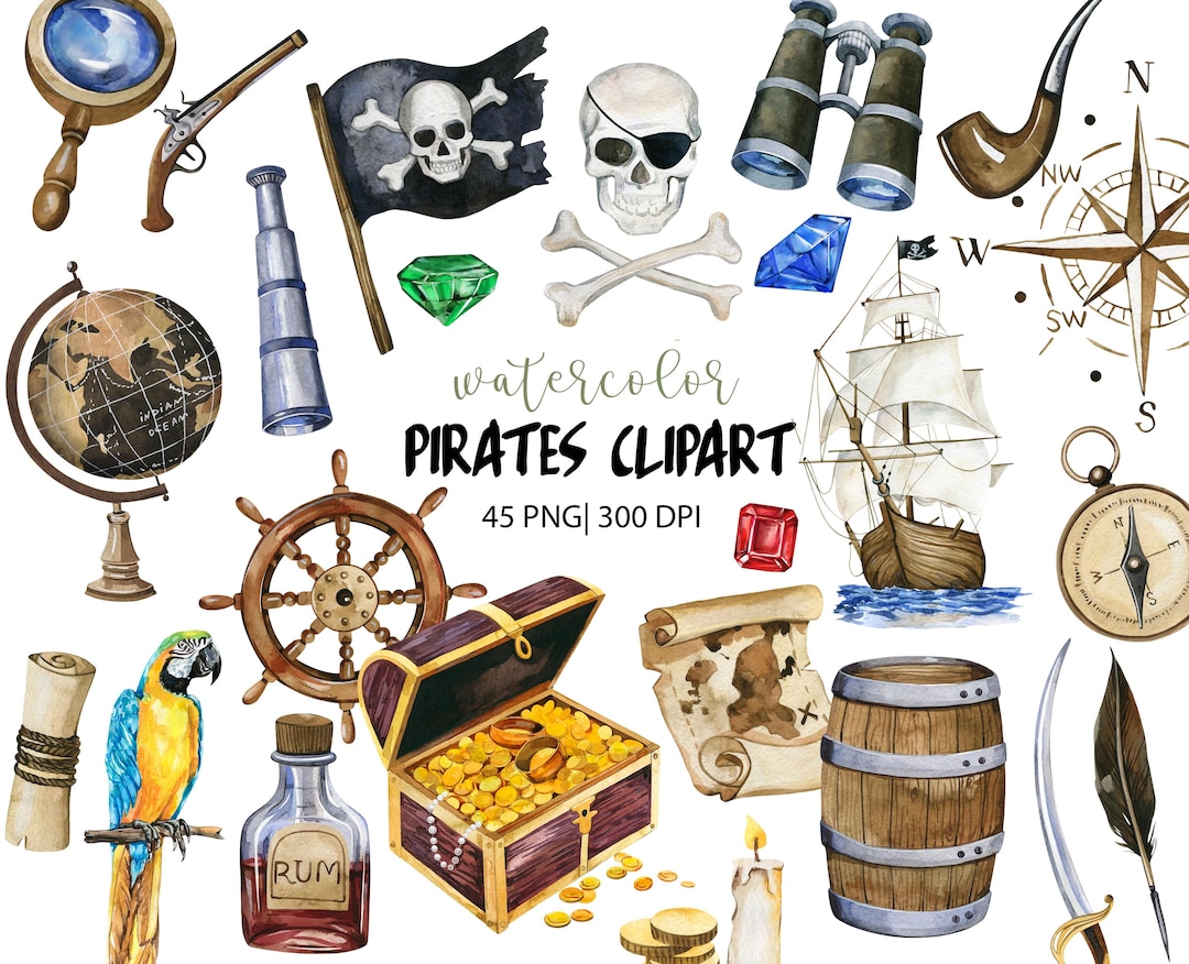 Watercolor Pirates Clipart, Pirate Ship, Treasure Chest, Pirate Party ...