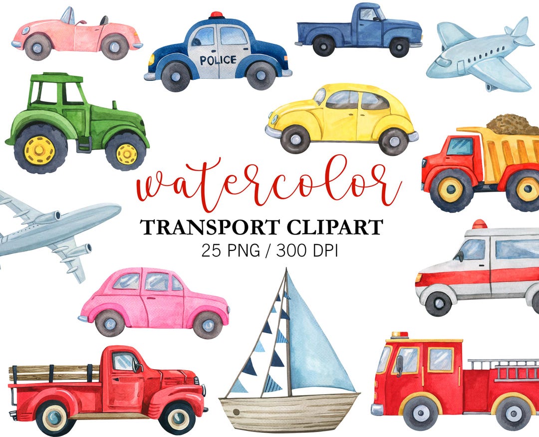 Watercolor Transport Clipart: City Cars, Trucks, & Airplanes PNG ...