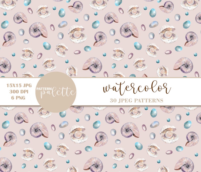 Watercolor Seashells Seamless Patterns, Ocean Seashell, Watercolor ...