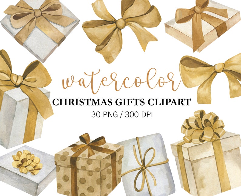 Watercolor Gift Box Clipart PNG Christmas Presents Gold - Etsy
